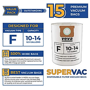 VEVA 15 Pack Premium Vacuum Filter Bags Type F 9066200 Work with Shop Vac 10-14 Gallon Vacuum, Part # SV Shopvac Shop-Vac 90662