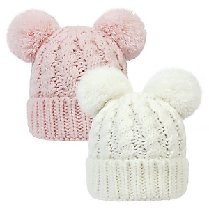 MOK Baby Beanie for Girls Cable Knit Winter Hat with Double Pom Pom Skull Hats