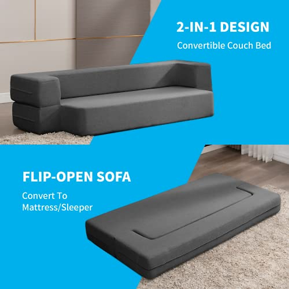 Mjkone 8.6 Inches Floor Sofa Bed Twin Size, Convertible Folding Sofa Bed, Sleeper Couch Bed with Memory Foam Mattress, Guest Bed for Living Room/Bedroom/Guest Room/Home Office (Dark Grey)