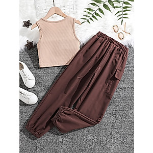 Floerns Girls 2 Piece Outfit Letter Print Rib Knit Crop Tank Top and Cargo Pants Brown 10Y