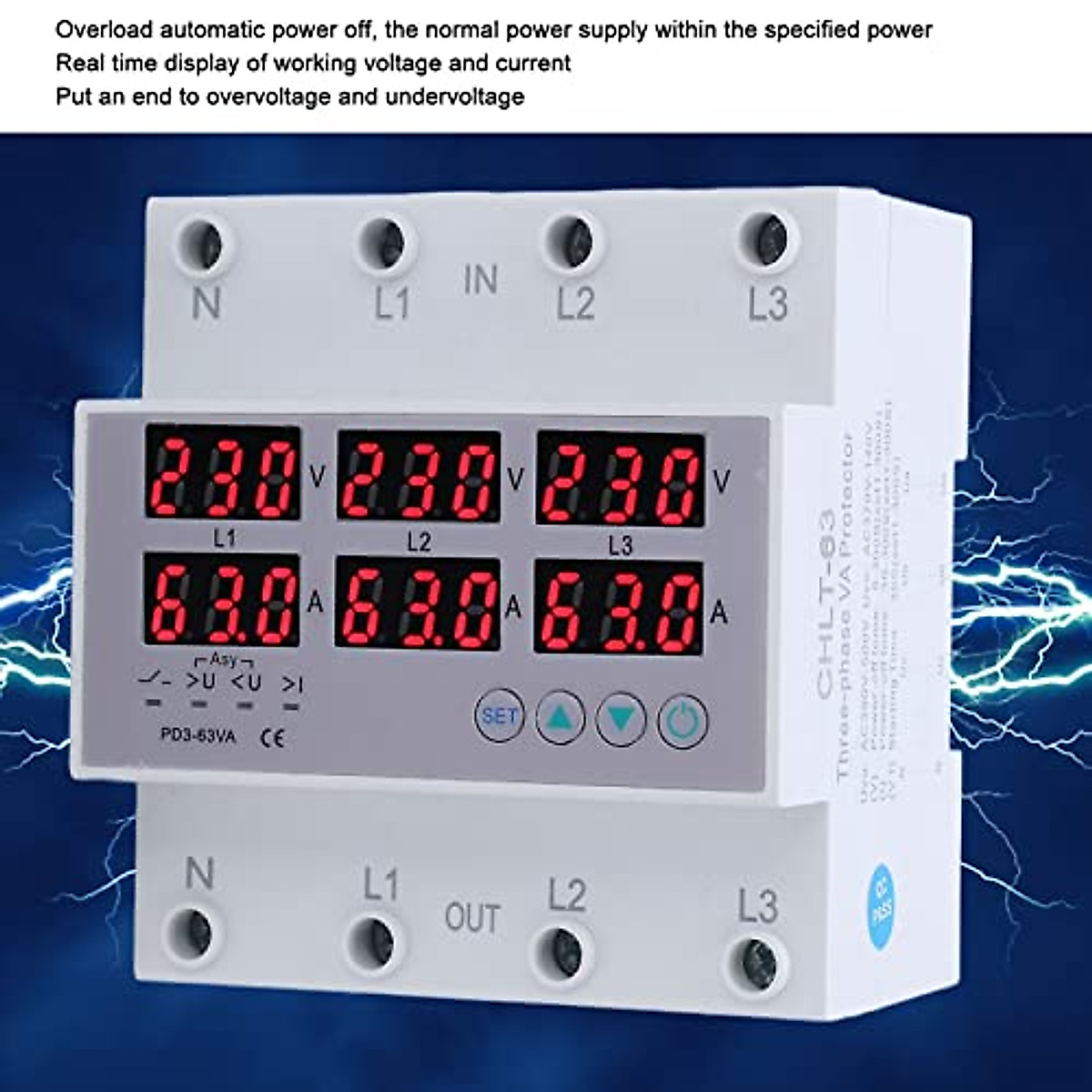 Fewb Digital 3 Phase DIN Rail Voltmeter Ammeter, AC 390‑500V Electricity Usage Monitor Power Meter Voltage Amps Watt Kwh Frequency Power Factor Meter Multimeter Current Power Tester(63A)
