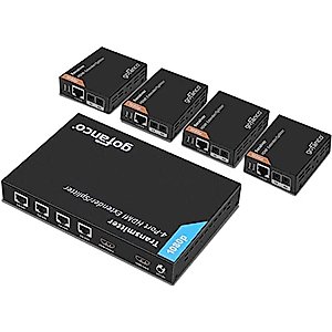 gofanco Prophecy 1080p 1x4 HDMI Extender Splitter Over Cat5e/Cat6/Cat7 Ethernet Cable with HDMI Loopout - Up to 50m/165ft - EDID Management, Bi-Directional IR Control, 1 in 4 Out (HDExt4P-Pro)