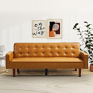 IULULU Futon Sofa Bed, Modern Convertible Faux Leather Sleeper Couch with Armrests for Studio, Office, Apartment, Compact Living, Game Room, Overnight Guests, Brown