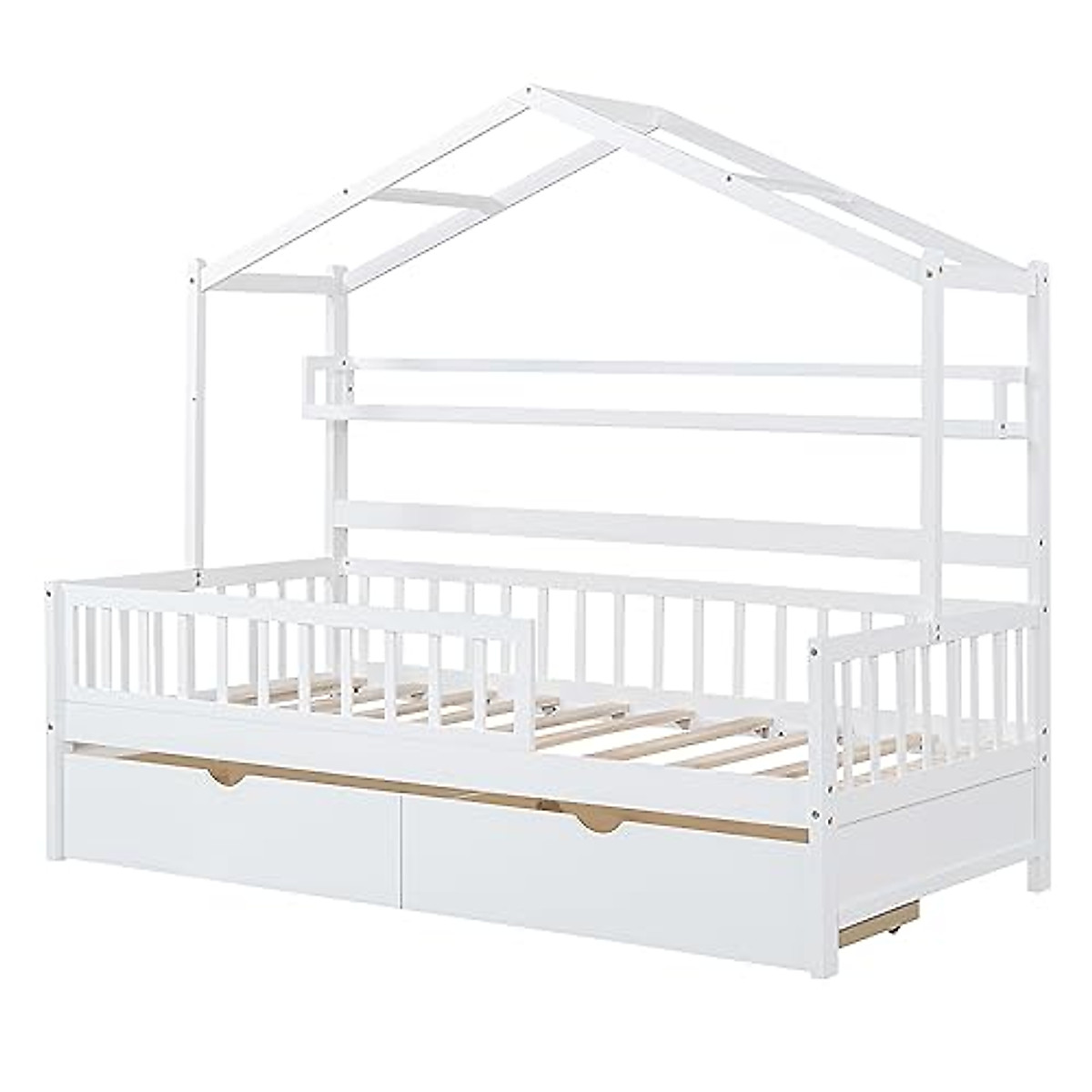 Aiuyesuo Twin Size House Bed with 2 Drawers, Wooden Kids Bed Frame with Storage Shelf, Montessori Playhouse Bed with Roof and Fence for Boys Girls, Space-Saving (White-K11)
