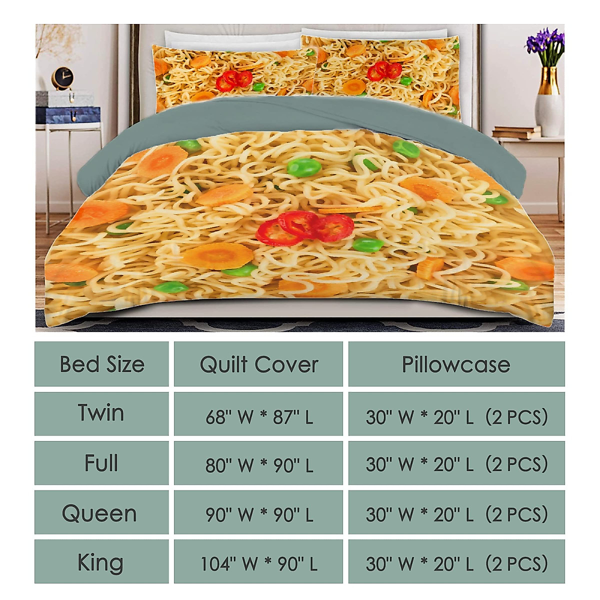 Todeyya Instant Noodles Duvet Cover (Twin Size) with 2 Pillow Shams, Microfiber Lightweight 3pcs Comforter Cover Set Coverlet, with Zipper Closure Bedding All-Season