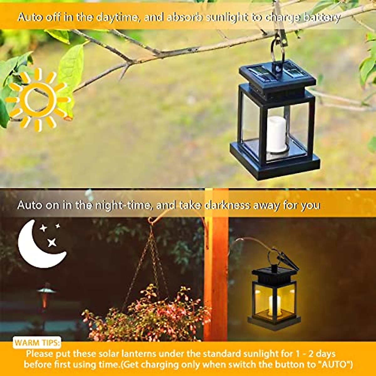 4 Pack Outdoor Hanging Solar Lantern Lights, Flickering Solar Lights Outdoor Garden Lights Solar Powered Waterproof Warm Yellow LED Candle Lantern for Garden Patio Yard Path Tree Umbrella Table Decor