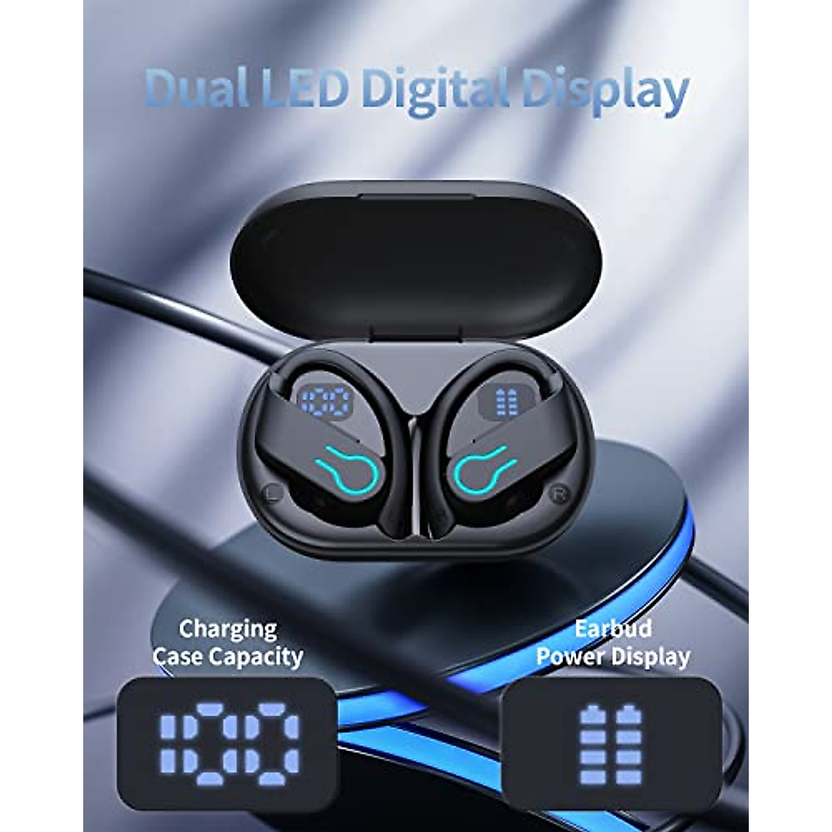Bluetooth Headphones Wireless Earbuds Sports Over-Ear Bluetooth 5.3 Ear Buds with Earhooks 120H Playtime Wireless Headphones for Workout Waterproof Audifonos Bluetooth inalambricos LED Power Display