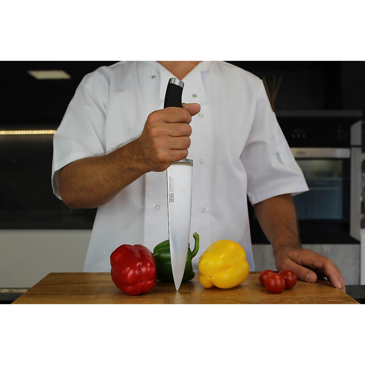 Taylors Eye Witness Syracuse Chefs/Cooks Kitchen Knife - Professional 20cm/8 Inch Cutting Edge, Multi Use. Precision Ground, Razor Sharp, Ultra Fine Blade. Soft Textured Grip Matte Black Handle.