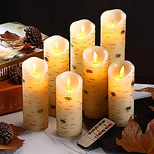 kedtui Flameless Candles Battery Operated Candles with Birch Bark Effect Set of 7 Ivory Real Wax Pillar Dancing LED Flames Candles with 10-Key Remote Control and Cycling 24 Hours Timer…