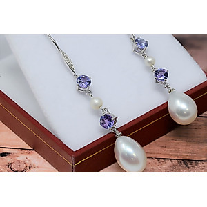 KOKAV Freshwater Pearl with Genuine Tanzanite and Diamond Dangle Earrings in 925 Sterling Silver
