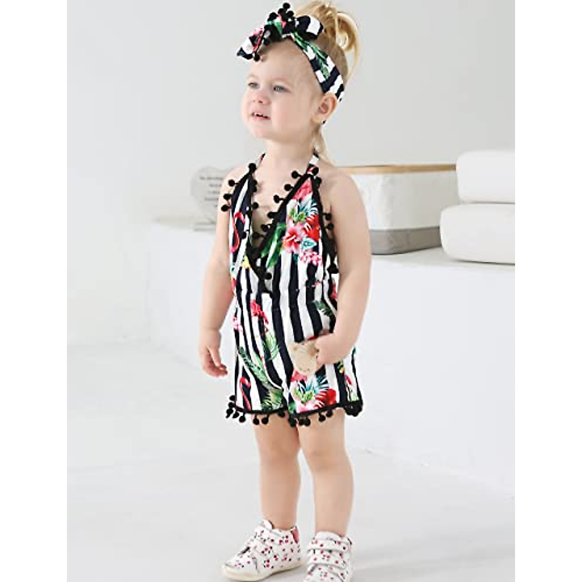 SAPGEJJDJFGE Toddler Baby Girl Clothes Backless Shorts Romper Tassel Jumpsuits Summer Outfit Set with Headband Flamingo 3-4T