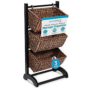 BIRDROCK HOME 3-Tier Abaca Storage Organizer Shelf with Solid Wood Frame - Durable Handwoven Abaca Fiber Baskets - Ideal for Organizing Living Rooms, Bedrooms, or Kitchens - Brown Wash, Espresso