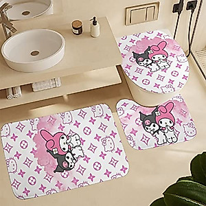 fmsnupz 4PCS Anime Shower Curtain Set, Cute Bathroom Decor with Non-Slip Rugs, Toilet Lid Cover and Bath Mat, Waterproof Fabric Shower Curtains with 12 Hooks, 70.8"x70.8"