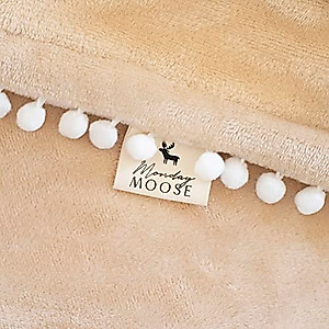 MONDAY MOOSE Cozy Fleece Throw Blanket with Pom Pom Fringe, Super Soft Lightweight Microfiber Flannel Blanket, Double-Sided Designs, for Couch Bed Sofa Home Decor (50x60 inch, Cream/Light Brown)