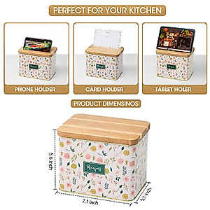 Cabbrix Recipe Box with Cards and Dividers, recipe cards and box set, Wooden Lid with Phone Holder and Card Holder, Decorative Recipe Tin with Gift Box (Pink)