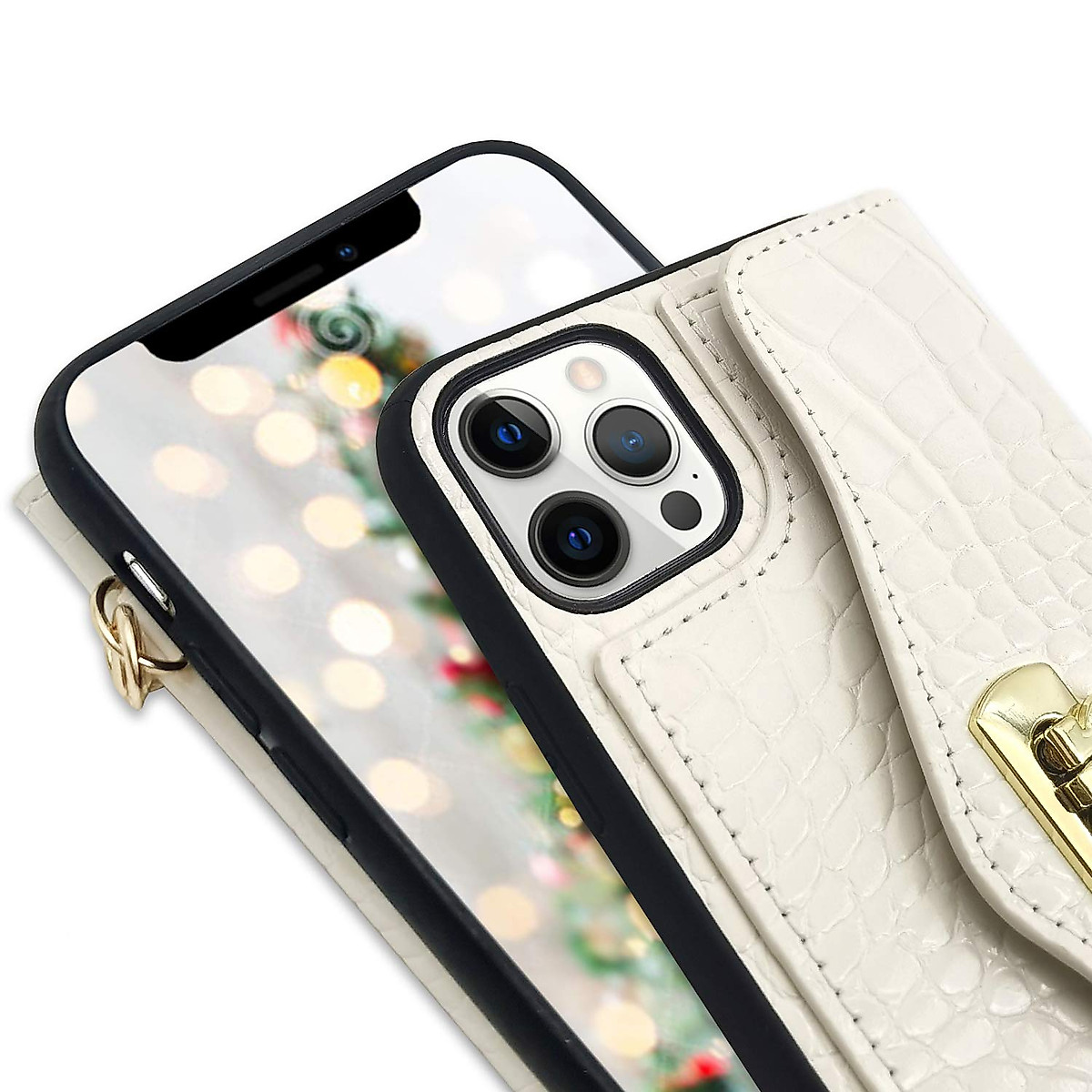 LUVI Compatible with iPhone 13 Case with Card Holder Wallet for Women with Crossbody Neck Strap Lanyard Purse Handbag Shoulder Strap PU Leather Luxury Fashion 3D Crocodile Snake Skin Case White
