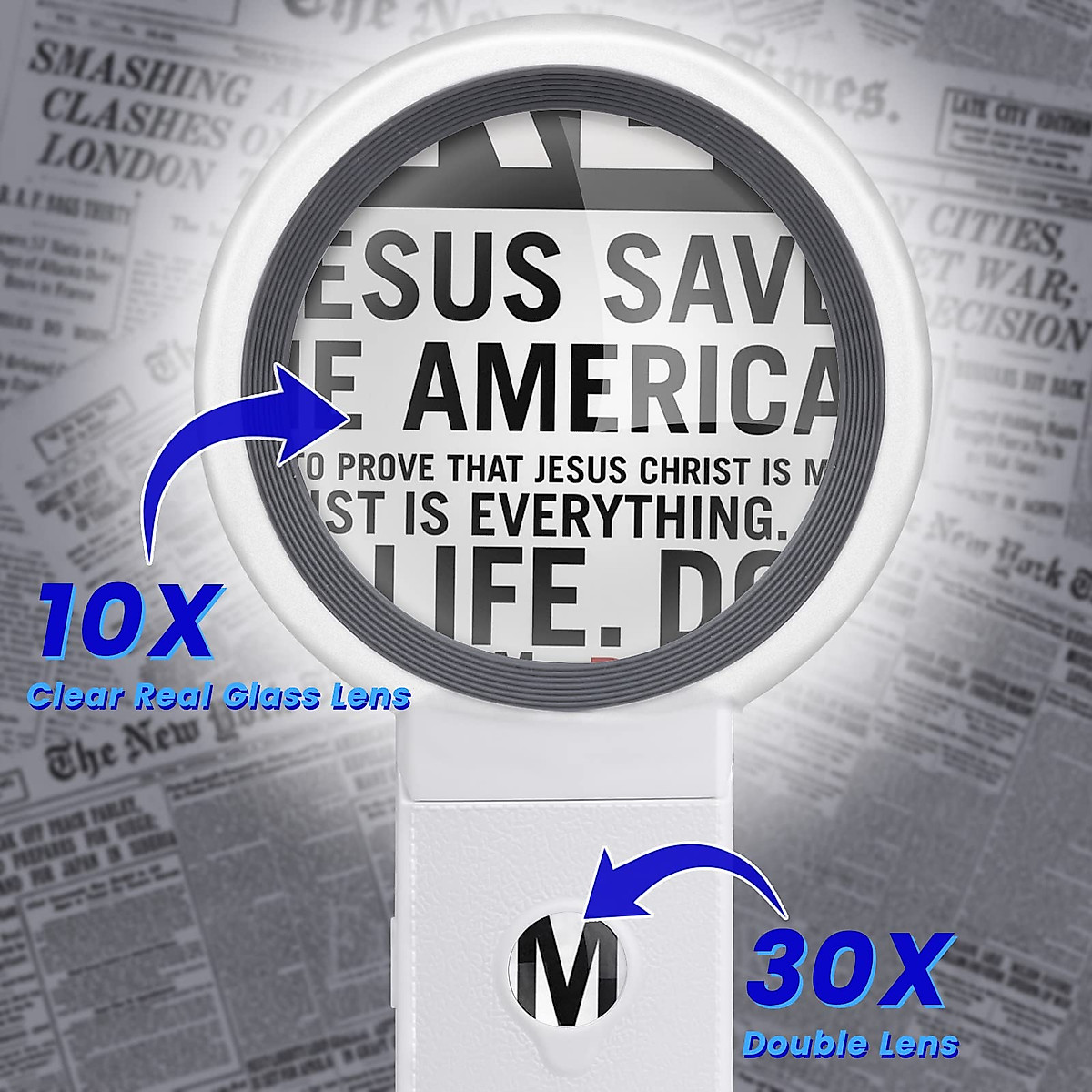 30X 10X Magnifying Glass with Light and Stand, Foldable Handheld Magnifying Glass 18 LED Illuminated Lighted Magnifier for Macular Degeneration, Seniors Reading, Close Work, Coins, Jewelry