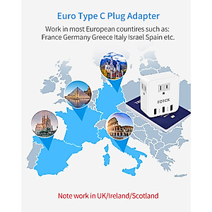 European Travel Plug Adapter, FDTEK US to Europe Power Adapter with 3 USB and 3 AC Outlet, Euro Charger Adaptor Type C for USA to EU France Germany Greece Italy Israel Spain, 2-Pack