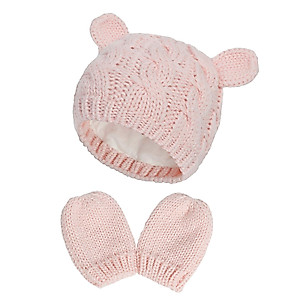 Unisex Baby Toddler Hat and Mitten Set Winter Knitted Thick Warm Beanie Cap Gloves for Infant Boys Girls (Pink, 0-3 Months)