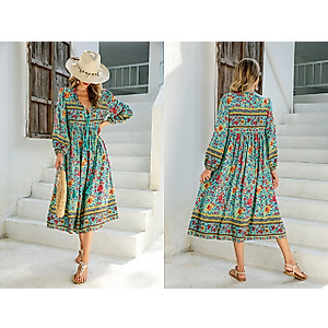 R.Vivimos Women's Long Sleeve Floral Print Retro V Neck Tassel Bohemian Midi Dresses (Medium, Green)