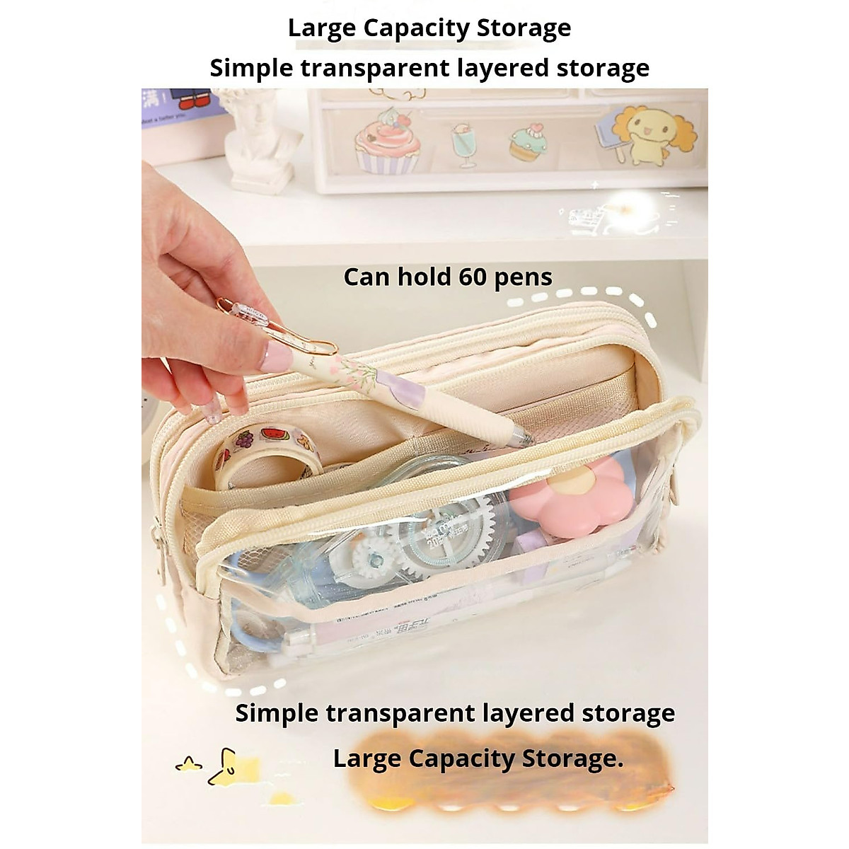 Cute Pencil Case Large Capacity Pen Bag Mesh Kawaii Pen Case Clear Pencil Pouch Gift (Pink)