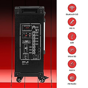Pyle 12'' Portable Wireless Bluetooth Speaker System - Built-in Rechargeable Battery, Wireless Microphone, USB/Micro SD/FM - 80 Watt - FM Radio with Digital LED Display, PWMA1299A