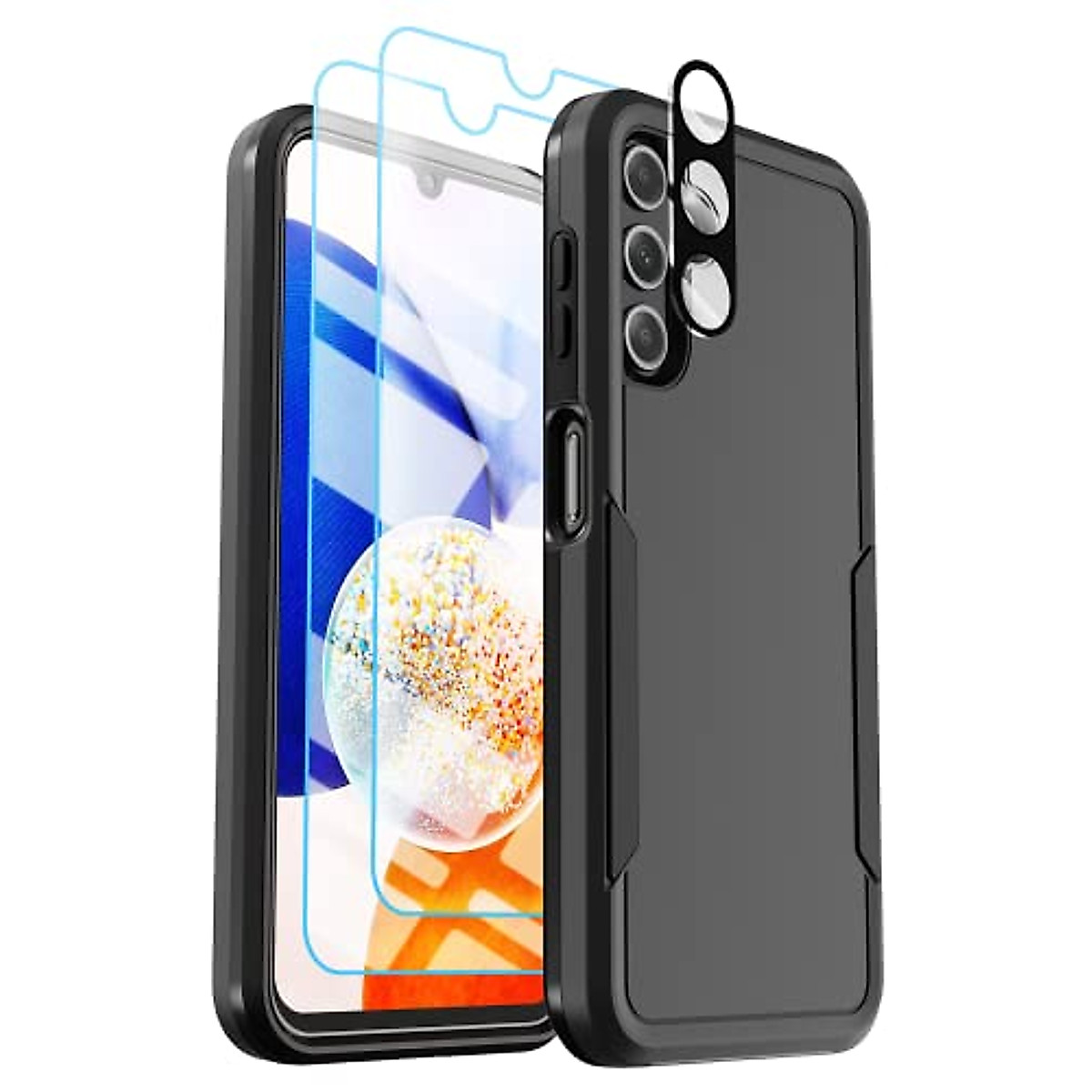 Teayoha 4-in-1 Samsung Galaxy A14 5G Case, [2 Pack Tempered Glass Screen Protector + Tempered Camera Lens Protector] Slim Heavy Duty Full-Body Shockproof Cover [Anti-Scratch], Black
