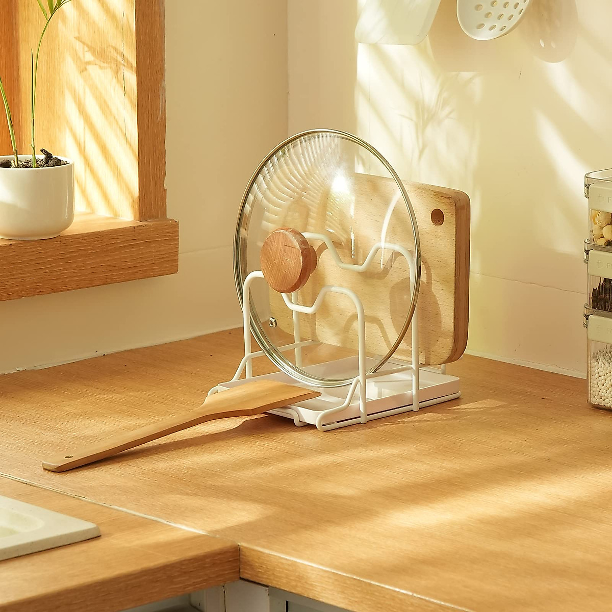 SUNFCON Upgraded Pot Pan Lids Holder Large Cookbook Stand Spoon Rest Cutting Board Rack Chopping Board Organizer Stand w Drip Tray Kitchen Countertop White