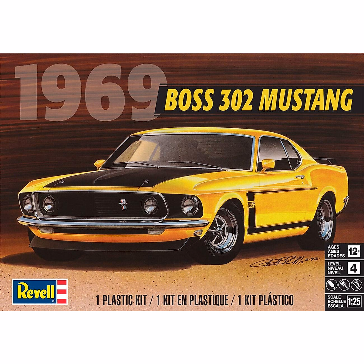 Revell 85-4313 ‘69 Boss 302 Mustang Car Kit 1:25 Scale 109-Piece Skill Level 4 Plastic Model Building Kit , Yellow