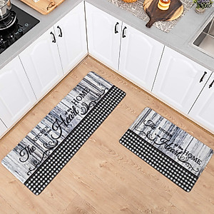 Asrug Black and White Plaid Checkered Comfort Kitchen Standing Desk Mat Anti Fatigue Ergonomic Floor Pad Rug Waterproof Stain Resistance Non Slip Kitchen Set, 17.3''x27.6''+17.3''x47.2'', Wood Plaid