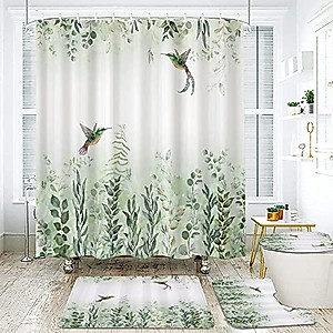 4 Pcs Shower Curtain Sets with Rugs Sage Green Leaves Eucalyptus Hummingbird Bird White Green Leaf Botanical Plant Floral Durable Shower Curtain Sets with 12 Hooks Shower Curtain for Bathroom Set
