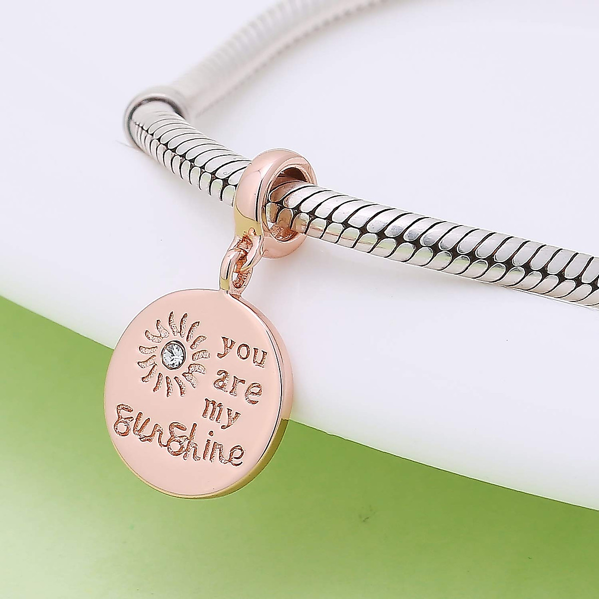 PAIYUAN Rose Gold You are My Sunshine Charms 925 Sterling Silver Crystal Dangle Charm for European Bracelet
