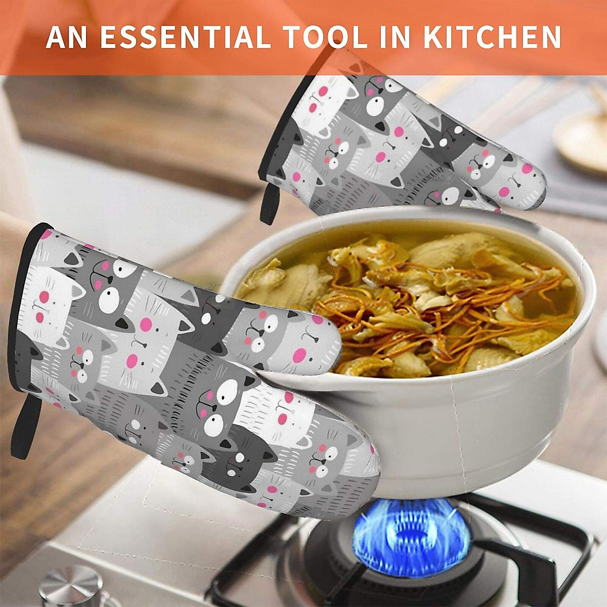 Ouqiuwa Hipster Cartoon Cute Cat Kitten Gray Oven Mitt/Glove for Easy Gripping Set of 2 Kitchen Accessories