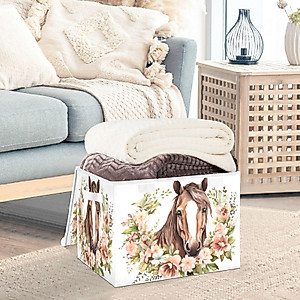 senya Baskets Collapsible Storage Bins with Lids, Horse Head Flower Leaves Storage Boxes Clothes Baskets for Organizing, B06D22020
