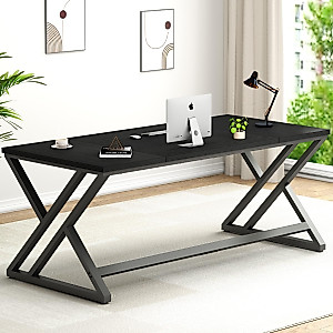 LVB 70.8" Black Computer Desk, Large Industrial Pc Study Home Office Desk, Long Modern Wood Gaming Work Writing Desk for 2 Person, Farmhouse Double Workstation Executive Desk with Storage in Bedroom