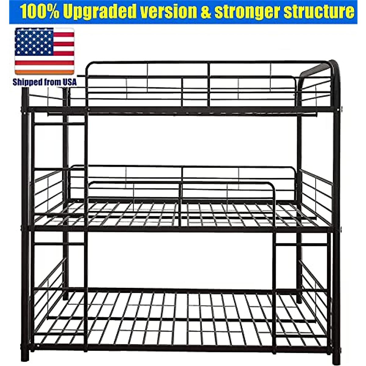 CPARTS Stronger & Upgraded Version Metal Industrial Style Triple Bunk Bed Full, Thickened More Stable Safer Steel Full Over Full Over Full Size Triple Bunkbed Frame, Faster Assemble (Sandy Black)