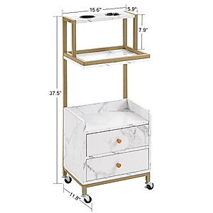 BarberPub Salon Trolley with Wheels Rolling Barber Cart with Drawers Marbled Board for Beauty Salon Metal Frame with 2 Hair Dryer Holders 2044 (White)