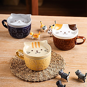 Jimiruigro Cute Ceramic Coffee Mug with Lid Cartoon Cat Face Pattern 7.4 Oz Small Tea or Milk Cup Novelty Gifts for Girl and Women, Brown