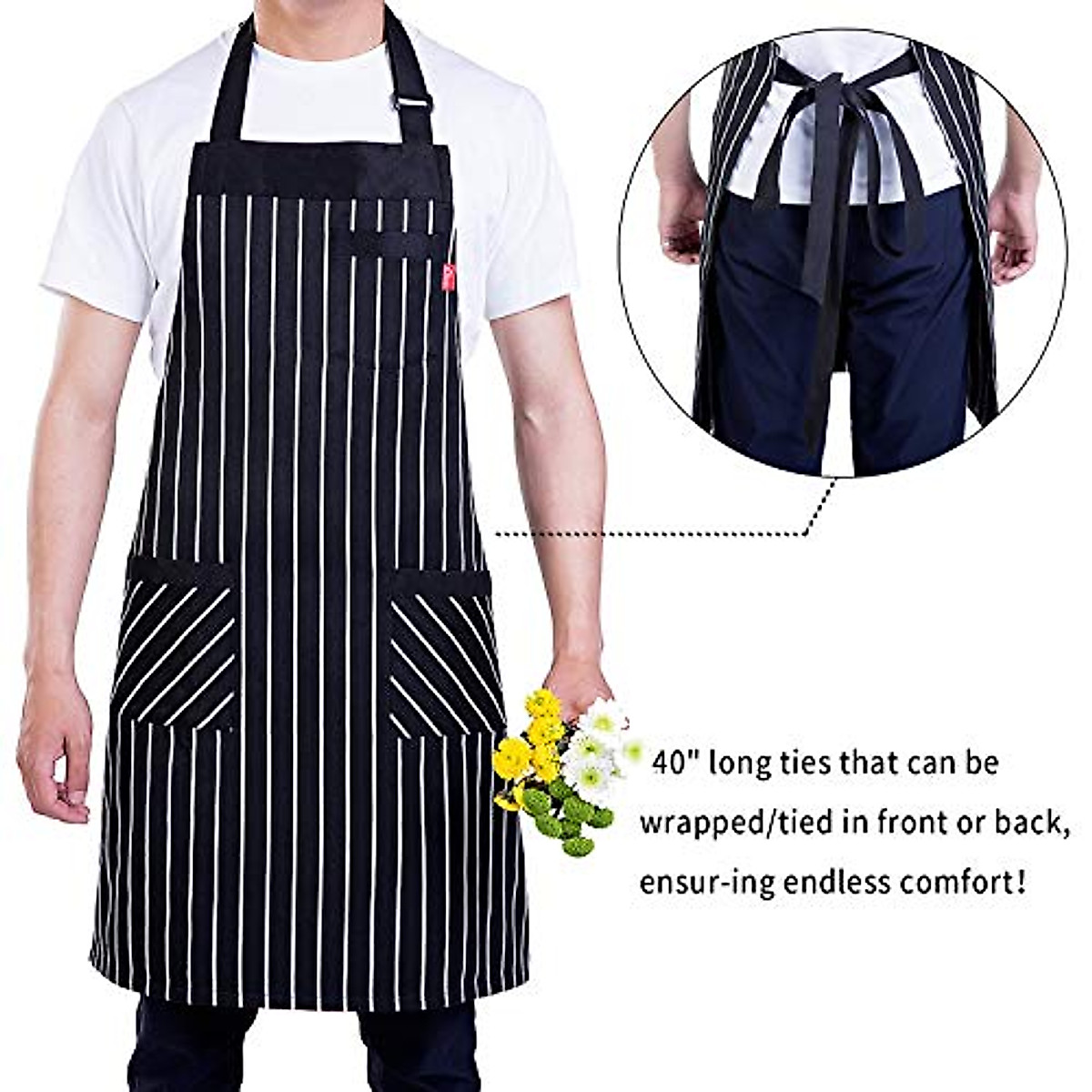 ALIPOBO Aprons for Women and Men, Kitchen Chef Apron with 3 Pockets and 40" Long Ties, Adjustable Bib Apron for Cooking, Serving - 32" x 28" - Black/White Pinstripe - 1 Pcs