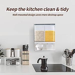 105Oz Rice Dispenser, Wall-Mounted Dry Food Storage Kitchen Organization, Rice Container with 2 Measuring Cups, Suitable for Rice, Beans, Laundry Scent Beads Dispenser