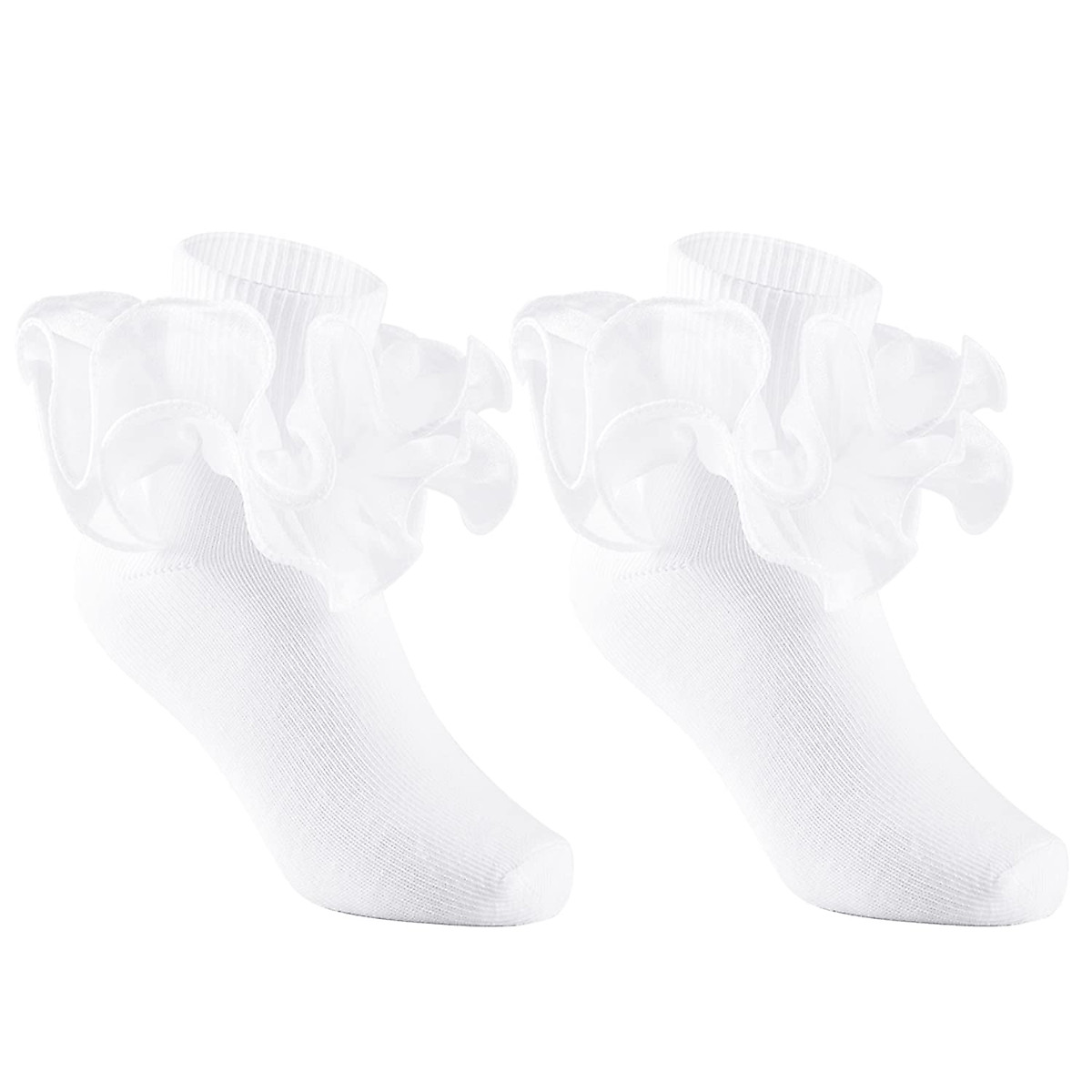 Yepami 3 Pairs Girls Ruffle Socks Big Double Lace Frilly Trim Dress Socks (White, Small, 2_years)