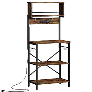 Bestier Bakers Rack with Power Outlets, Height Adjustable Microwave Stand, Kitchen Storage Shelf Rack with 8 S-shaped Hooks, Coffee Bar Table 5 Tiers Rustic