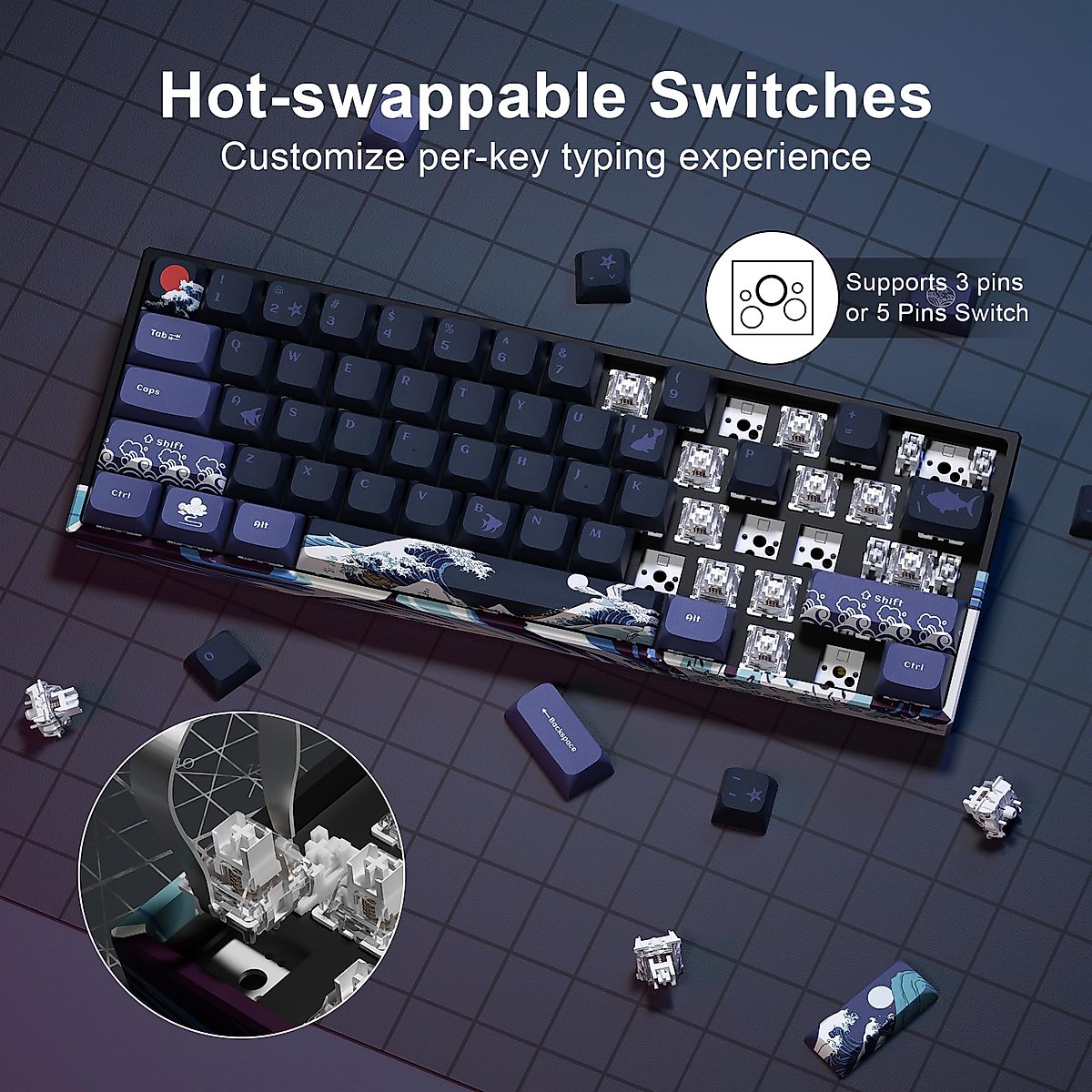 HITIME XVX 60% Gaming Keyboard, RGB Wireless Mechanical Keyboard, Mini 60 Percent Gamer Keyboard with Hot-Swappable Pre-lubed Linear Switch for Windows & Mac (Great Wave Off Kanagawa)