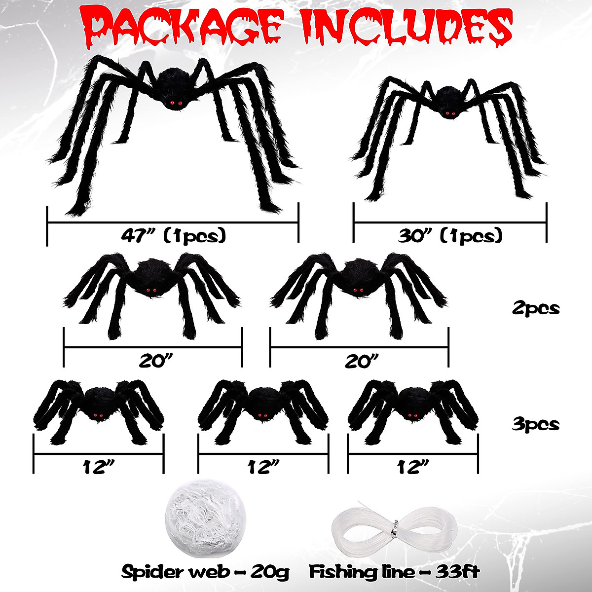 jollylife 7PCS Halloween Decorations Outdoor Fake Giant Spiders - Scary Props for Yard Haunted House Indoor Party Decor Supplies (47”×1pcs, 30”×1pcs, 20”×2pcs, 12”×3pcs)
