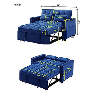Holaki Convertible Velvet Sleeper Sofa Bed, 55.2" Velvet Loveseat Sofa Modern Pull Out Sofa Bed Lounge Chaise Armchair with Adjustable Backrest,2 Lumbar Pillows,Small Couch for Home Office(Blue)