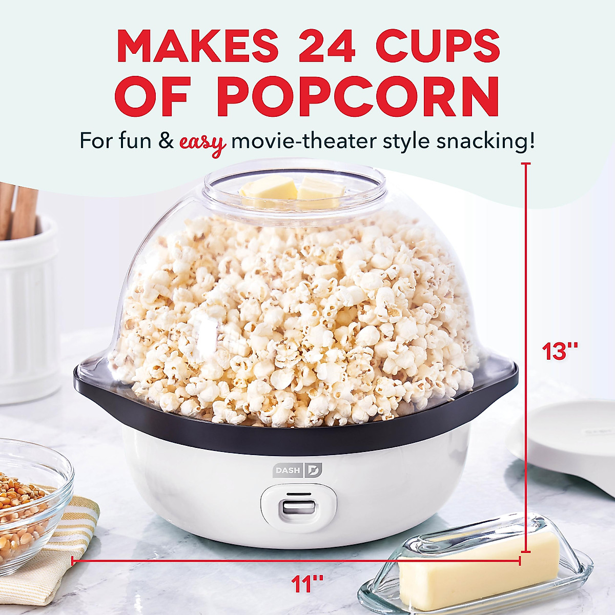 DASH SmartStore™ Deluxe Stirring Popcorn Maker, Hot Oil Electric Popcorn Machine with Large Lid for Serving Bowl and Convenient Storage, 24 Cups – White