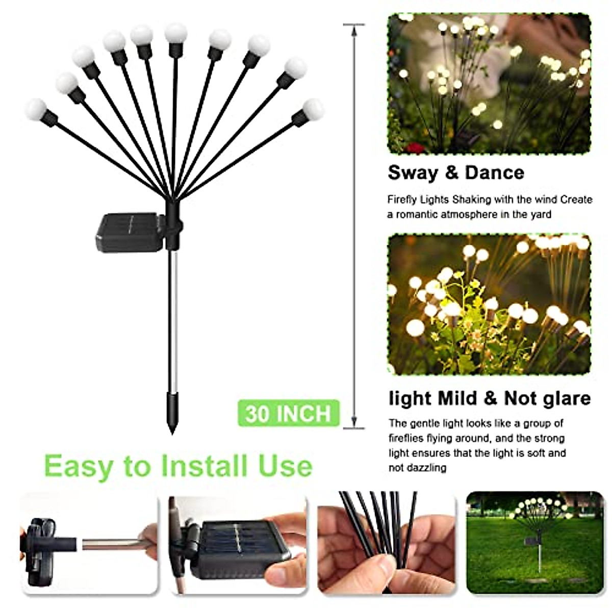 YOULESHU Oleshu Solar Firefly Light, Garden Lawn Firefly Light, Outdoor Waterproof Solar Light, Wind Swaying Light, Solar Garden Light, Patio, Path, Lawn Decoration (2 Pack Warm Light)