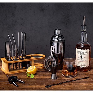 17 Pieces Cocktail Shaker Set with Bamboo Stand,Gifts for Men Dad Grandpa,Stainless Steel Bartender Kit Bar Tools Set,Home, Bars, Parties and Traveling (Bamboo Wood Black)