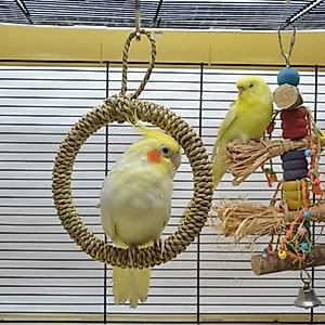 Bird Rope Swing Toy Parrot Climbing Perch Stand Natural Straw Rope Weaving Round Toy for Cockatiel Conure Cockatoo Parakeet Cage Hanging Decor