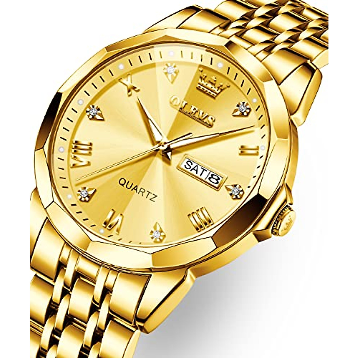 OLEVS Gold Watches for Men Diamond Business Dress Analog Quartz Stainless Steel Date Luxury Casual Fashion Wrist Watch Waterproof Luminous